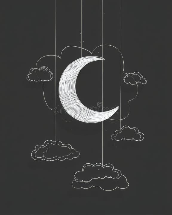 A Stylized Crescent Moon Hanging in a Dark Sky, Surrounded by Simple ...