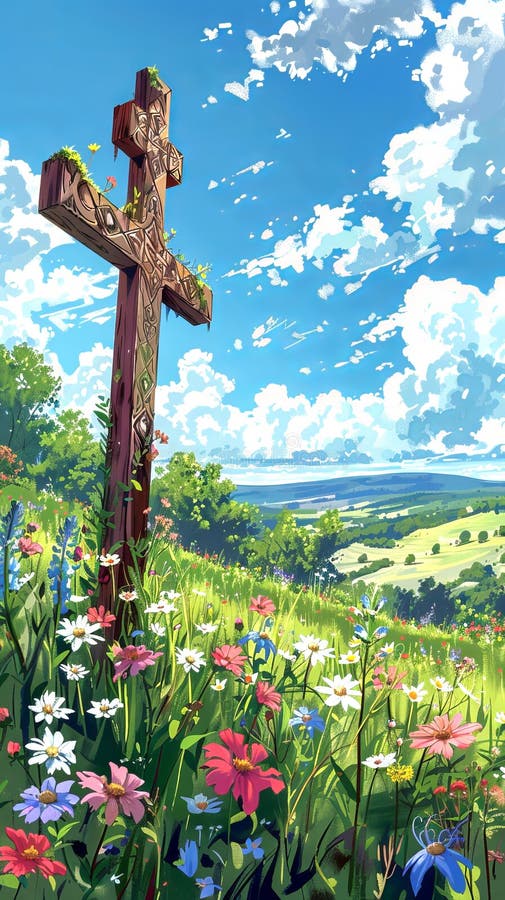 Stylized Cross with Intricate Patterns in the Field with Flowers, and a ...