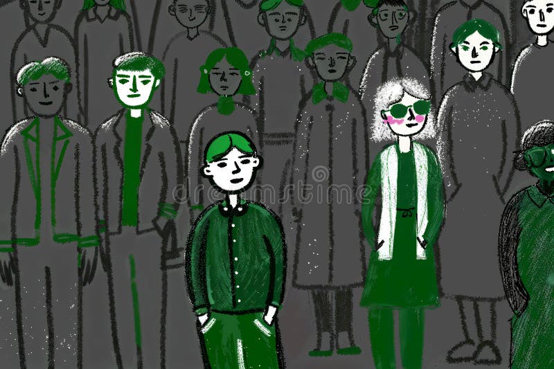 Stylized Crowd Illustration Featuring a Vibrant Array of Green Tones ...