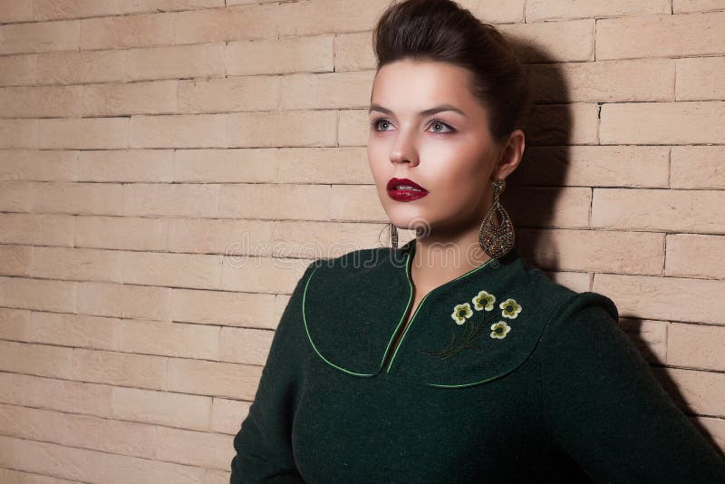 Stylized Cute Lady in Green Dress Portrait Stock Photo - Image of ...