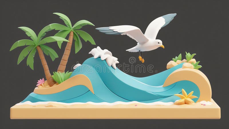 Stylized 3D Beach Scene with Seagull Stock Illustration - Illustration ...