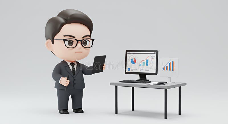 Stylized 3D Businessman Reviewing Data on Tablet and Computer, Light ...