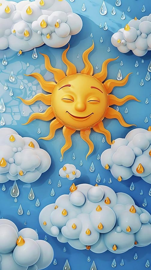 67 Stylized 3D Cartoon Sun Peeking through Fluffy Clouds and Raindrops ...