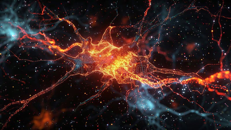 Abstract Digital Representation of a Neuron with Orange and Blue Light ...