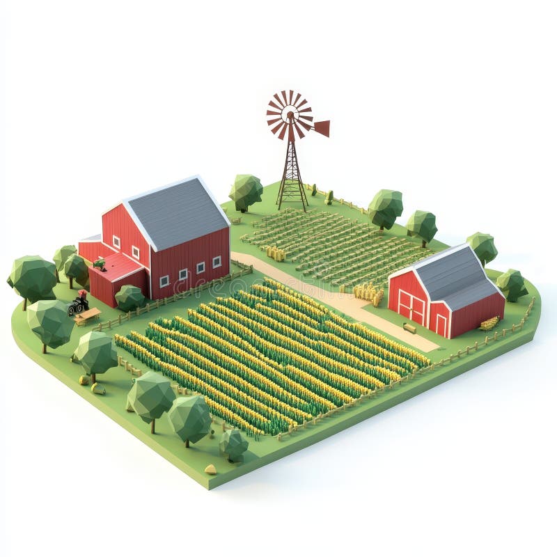 A Stylized 3D Farm Scene with Red Barns, Crops, and a Windmill Stock ...