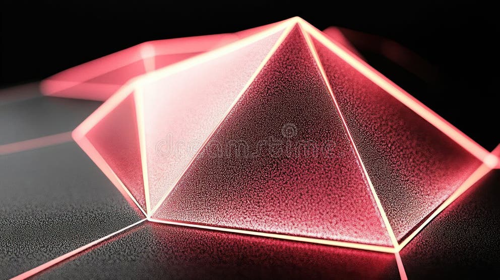 A Stylized 3D Geometric Pyramid with Glowing Edges on a Dark Surface ...