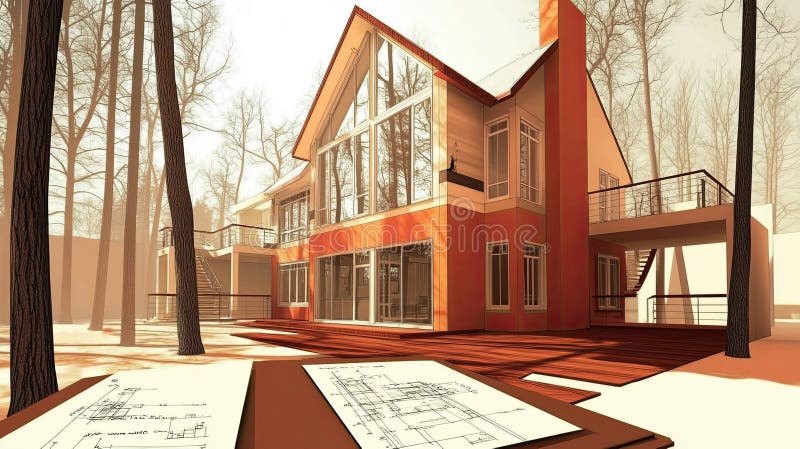 Stylized 3D Home Design with Architectural Drawings Stock Illustration ...