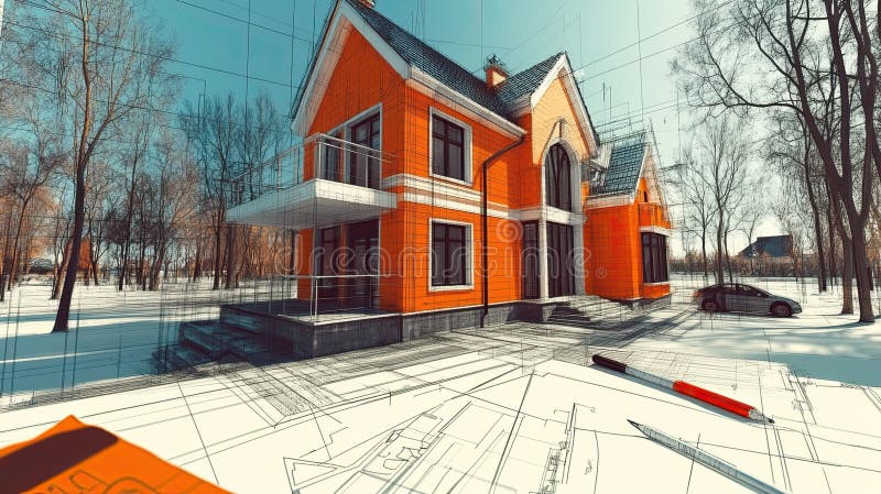 Stylized 3D Home Design with Architectural Drawings Stock Illustration ...