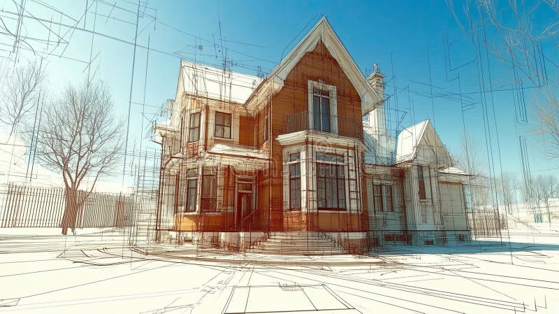Stylized 3D Home Design with Architectural Drawings Stock Illustration ...