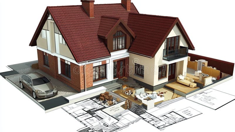 Stylized 3D Home Design with Architectural Drawings Stock Illustration ...