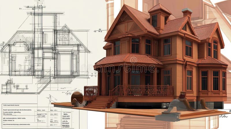 Stylized 3D Home Design with Architectural Drawings Stock Illustration ...