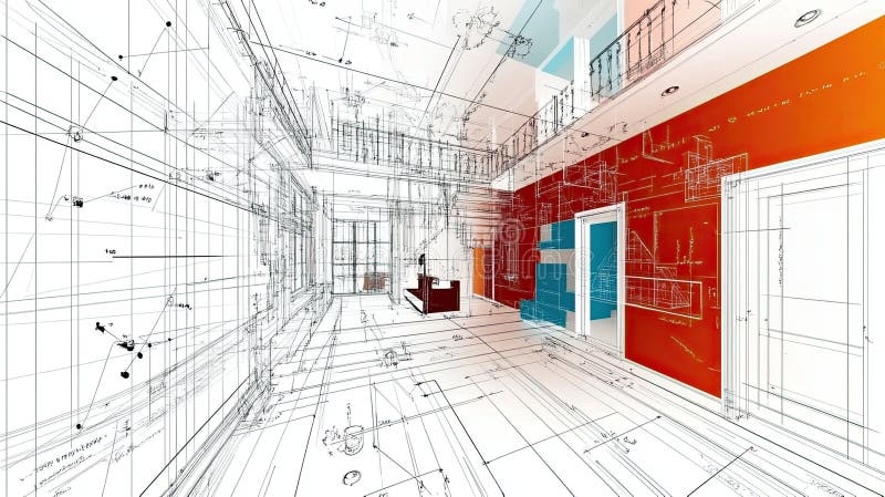 Stylized 3D Home Design with Architectural Drawings Stock Illustration ...