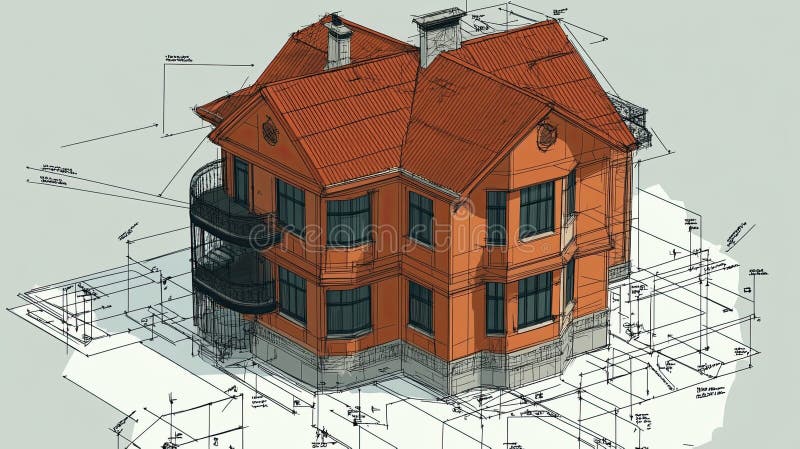 Stylized 3D Home Design with Architectural Drawings Stock Illustration ...