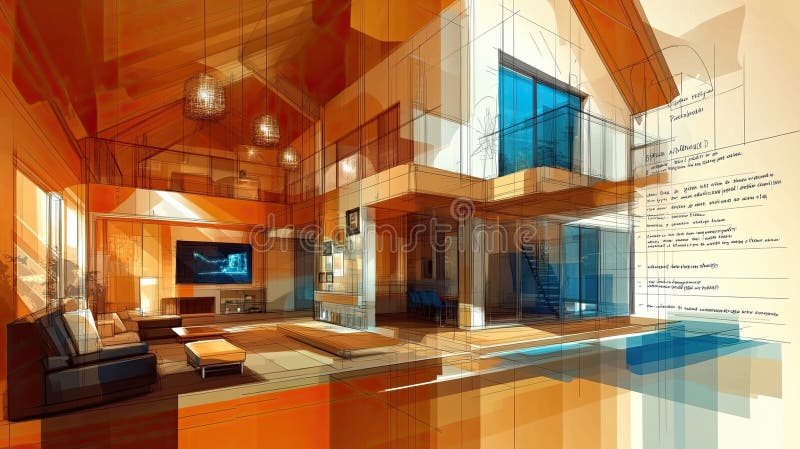 Stylized 3D Home Design with Architectural Drawings Stock Illustration ...