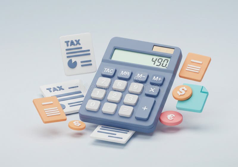 A Stylized 3D Illustration Features a Blue Calculator with a Digital ...