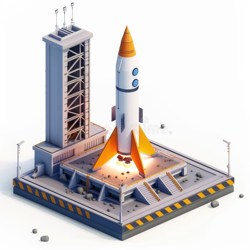 Low Poly Rocket Launching from Space Center Pad Stock Illustration ...