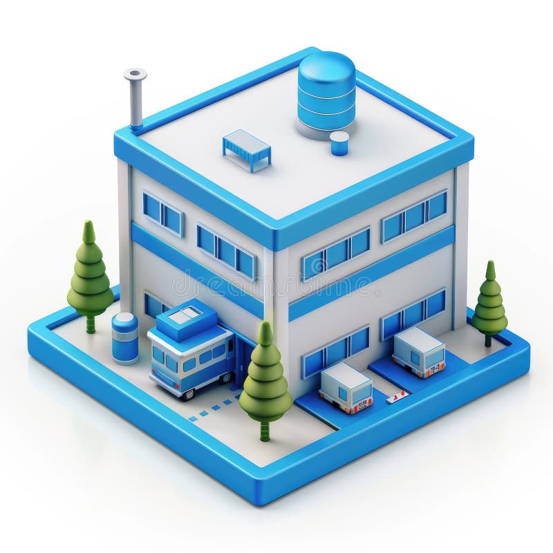 Isometric View of Modern Factory Building with Delivery Trucks Stock ...