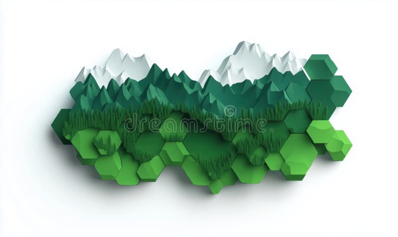Stylized 3D Landscape with Hexagonal Patterns, Mountains, and Forests ...