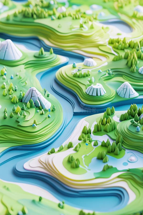 A Stylized 3D Landscape Map with Environmental GIS Data Pathways. Stock ...