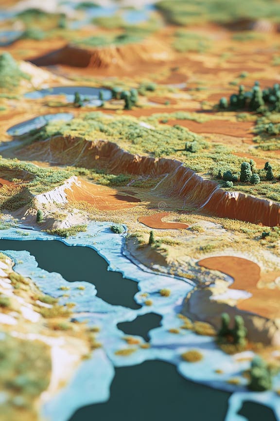 A Stylized 3D Landscape Map with Environmental GIS Data Pathways. Stock ...