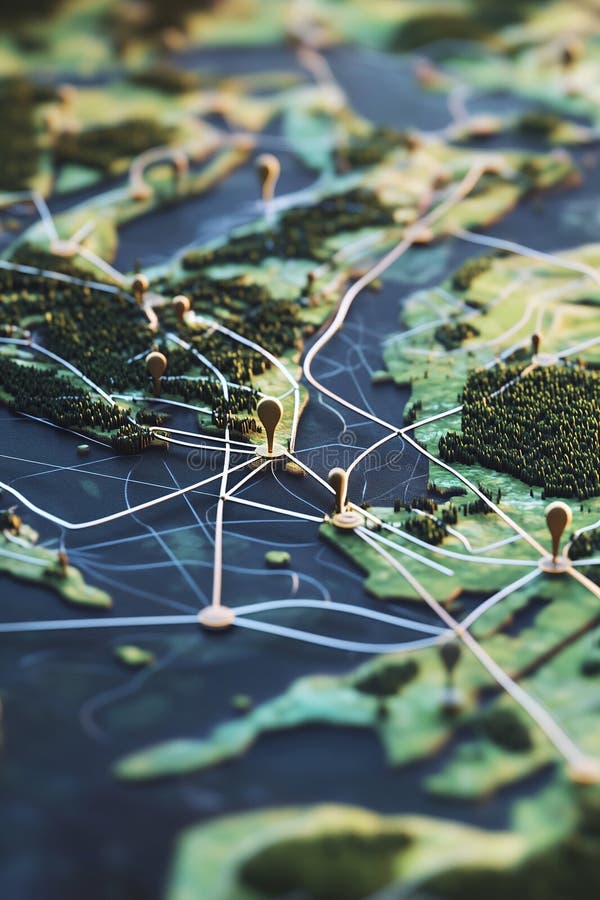A Stylized 3D Map with Bright Pins Animated Network Lines and ...
