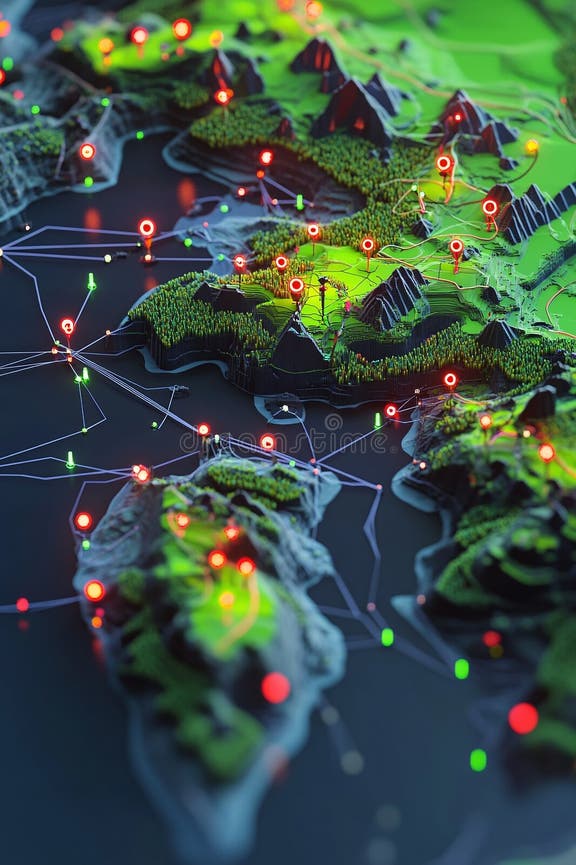 A Stylized 3D Map with Bright Pins Animated Network Lines and ...