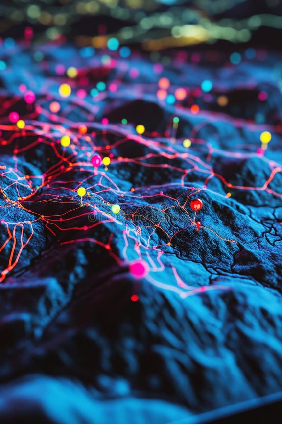 A Stylized 3D Map with Bright Pins Animated Network Lines and ...