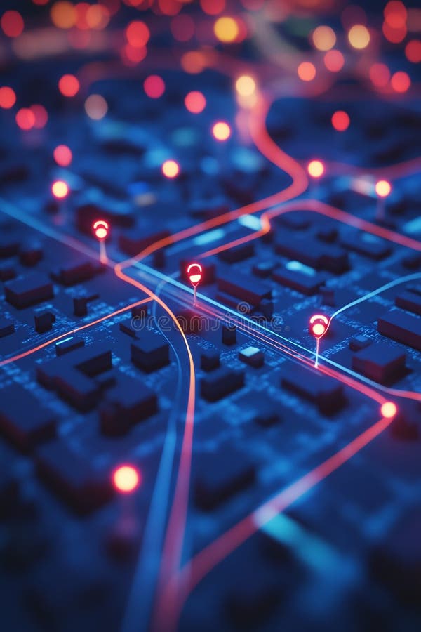 A Stylized 3D Map with Bright Pins Animated Network Lines and ...