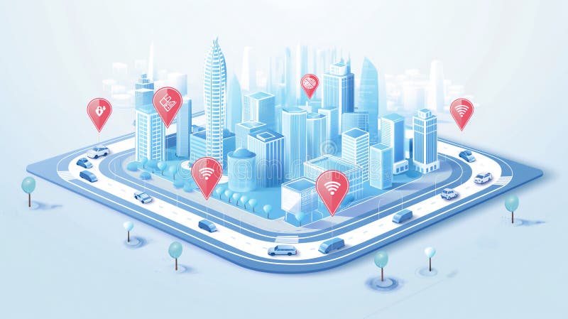 A Stylized 3D Map of a Smart City with Glowing Location Pins and ...