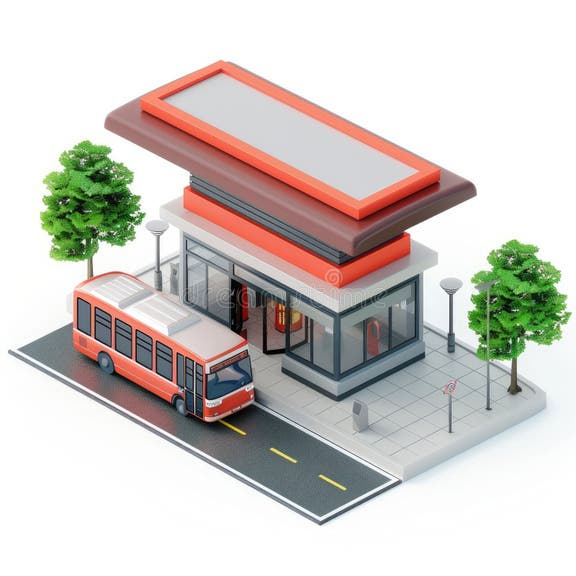 Modern Bus Stop with Red Bus and Green Trees: Isometric View Stock Illustration - Illustration ...