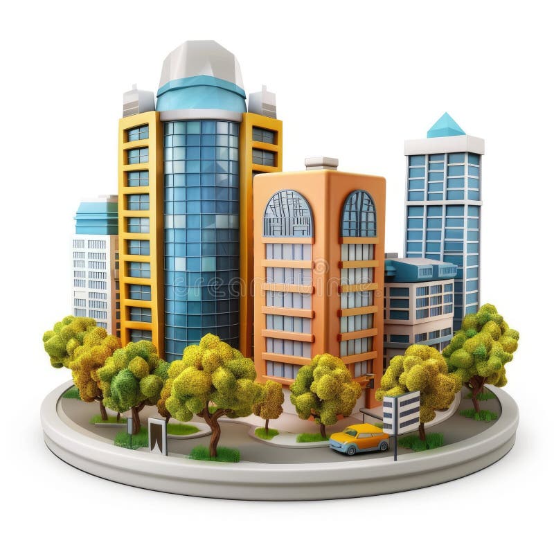 Charming Miniature Cityscape with Modern Buildings and Lush Trees Stock ...
