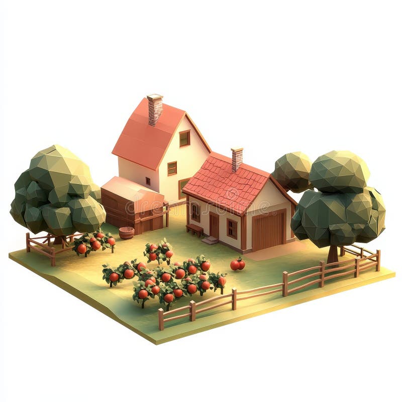 A Stylized 3D Model of a Farm with Houses, Trees, and a Vegetable ...