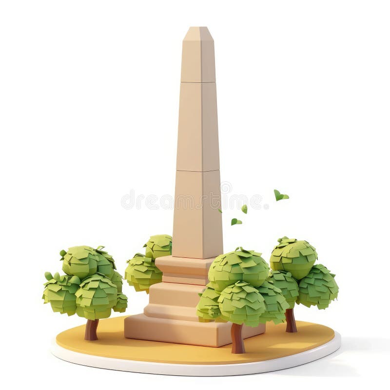 Low Poly Obelisk Monument with Green Bushes in Park, 3D Render Stock ...