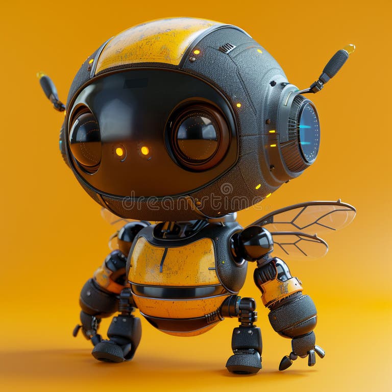 Cute Rusty Honeybee Robot on a Vibrant Orange Background Stock ...