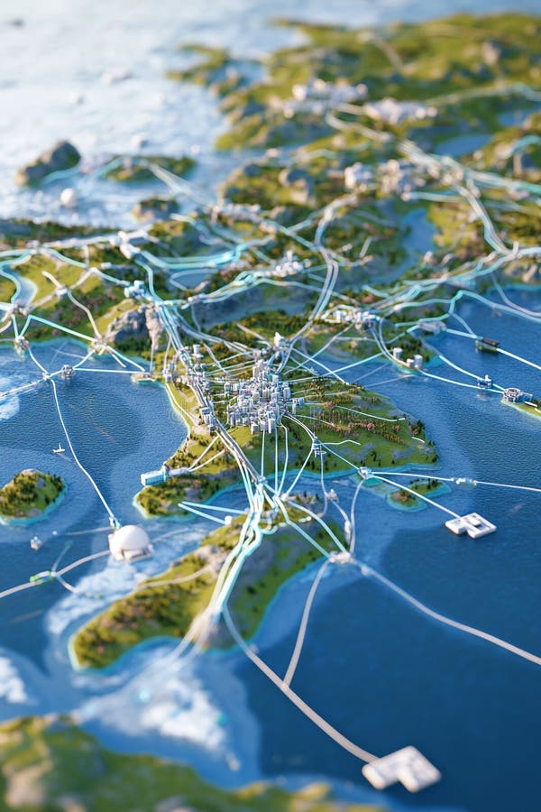 A Stylized 3D Regional Map with Transportation Hubs and Connecting ...