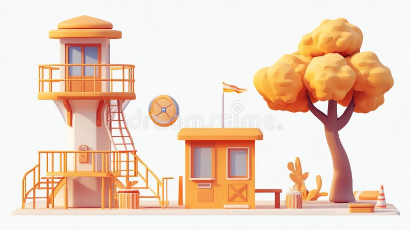 Stylized 3D Render of a Beach Lifeguard Tower, Booth, Tree, and ...