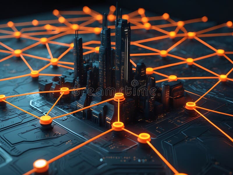 Stylized 3 D Render Futuristic Cityscape Network Orange Connections ...