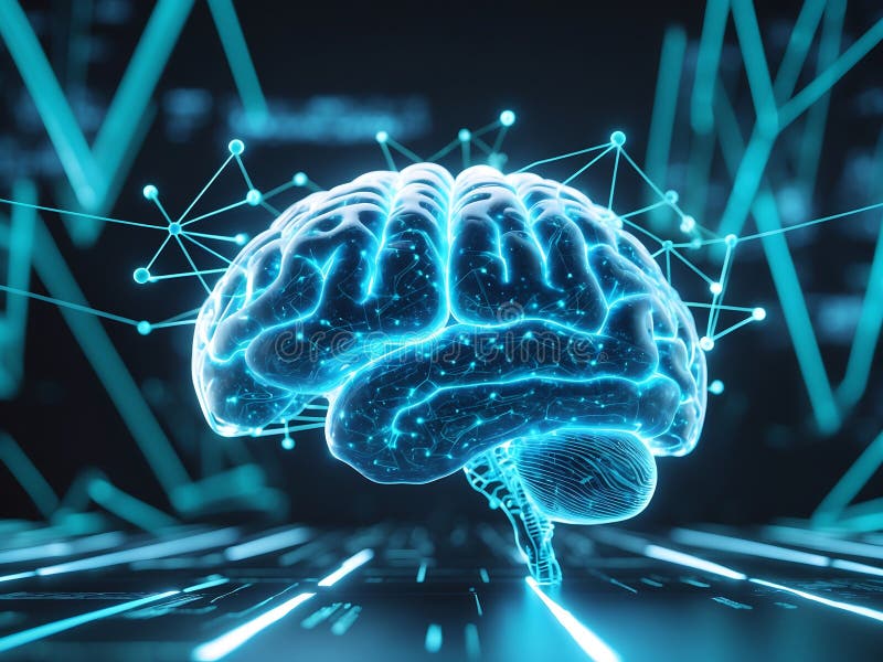 Stylized 3 D Render of a Human Brain Glowing Bright Cyan Blue with ...