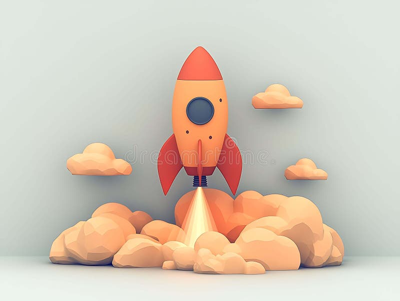Stylized 3D Render of a Rocket Launching, Surrounded by Lowpoly Clouds ...