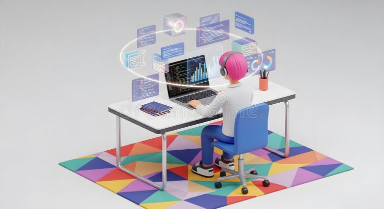 3D Rendered Character Coding on Laptop with Holographic Displays ...