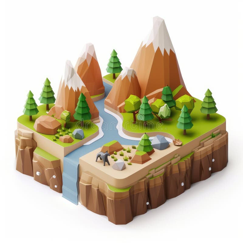 Isometric Low Poly Mountain Landscape with River and Waterfall Stock ...