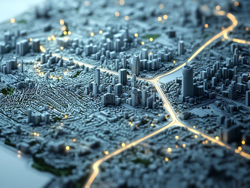 A Stylized 3D Rendering of a City Skyline with Glowing Street Lights ...