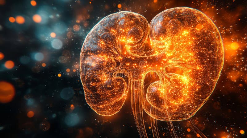 A Stylized 3D Rendering of a Human Kidney, Glowing with an Orange ...