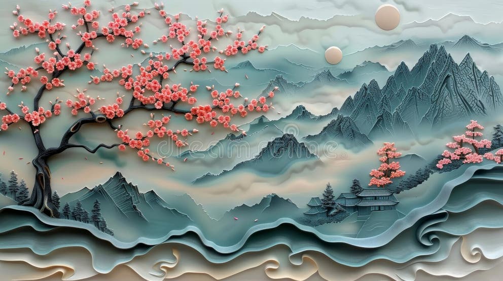 A Stylized, 3D Rendering of a Mountain Range with a Blooming Cherry ...