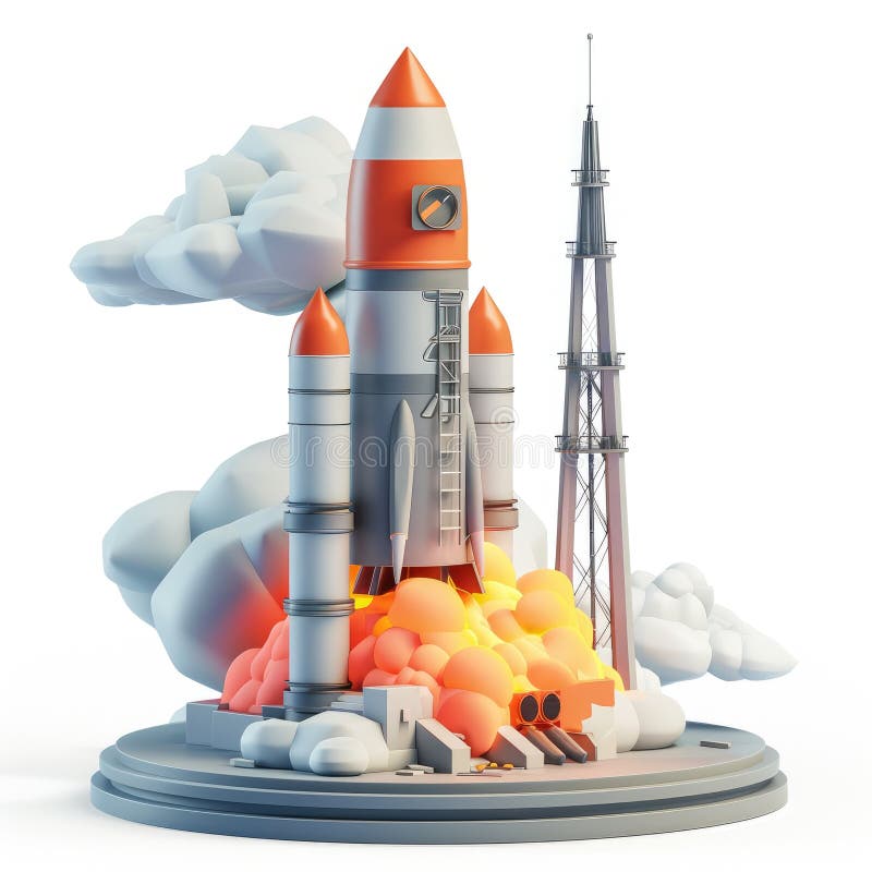 Powerful Rocket Launching into Space from Launchpad Stock Illustration ...