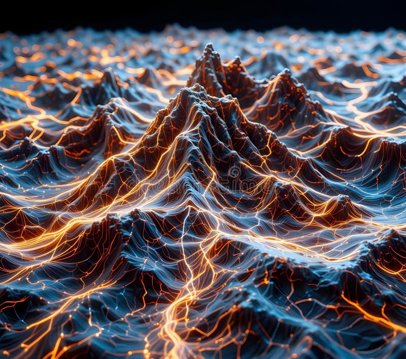 Abstract Terrain Map with Neon Glitch Lines and Circuit Overlays Stock ...