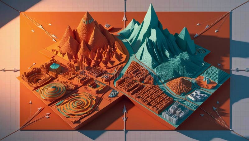 A Stylized 3D Topographic Map Split into Warm and Cool Tones Stock ...