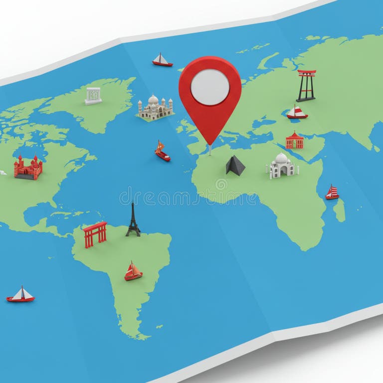 A Stylized 3D World Map Featuring Iconic Landmarks and Boats. Notable ...