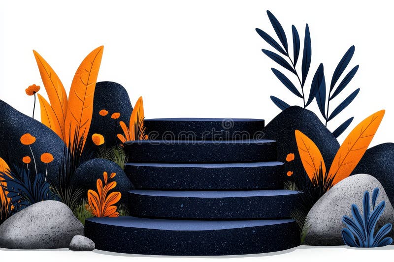 Stylized Dark Blue Stone Steps with Orange and Blue Plants Stock ...