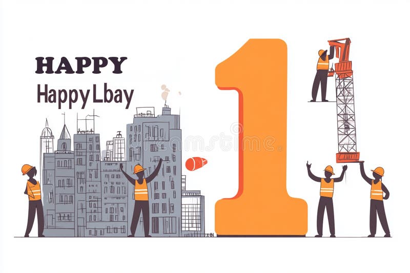 Stylized DarkSkinned Construction Workers with Building & Number One ...